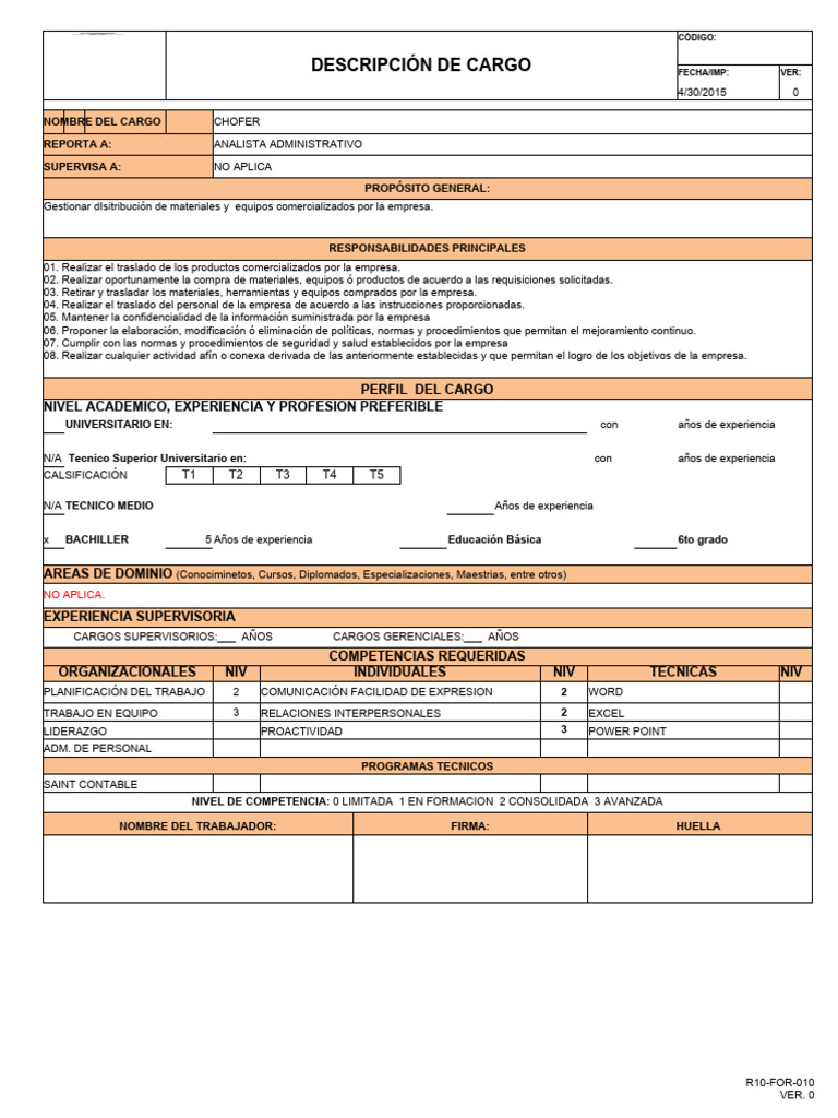 Descripcion de Cargo Chofer | PDF | Business