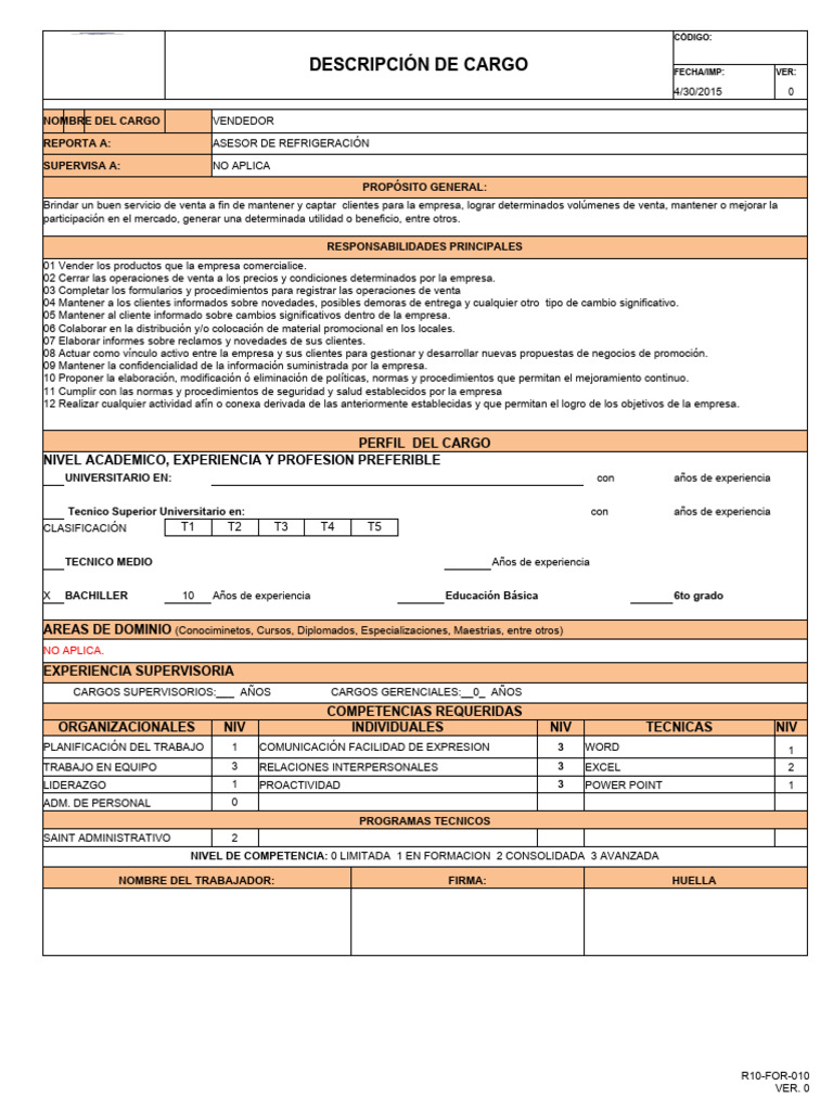 Descripcion de Cargo Vendedor | PDF | Business | Economias