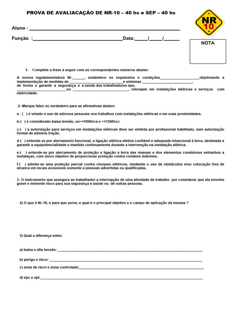 Prova de Curso de Nr-10 - 40 Hs e Sep - 40 Hs | PDF | Engenharia ...
