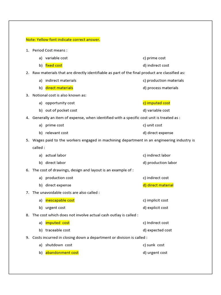 Indicative Sample Questions | PDF | Cost | Cost Of Goods Sold