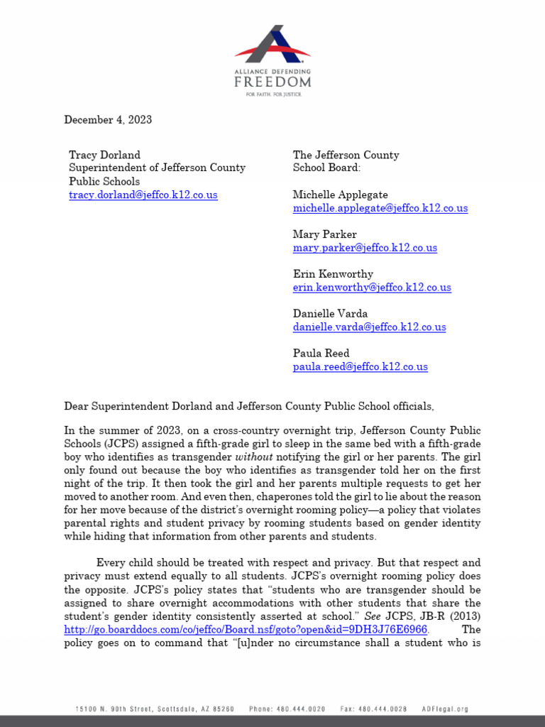 ADF Letter | PDF | Alliance Defending Freedom | Transgender