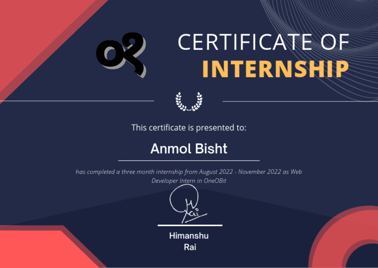 Anmol Bisht Internship Certificate Oneobit PDF | PDF