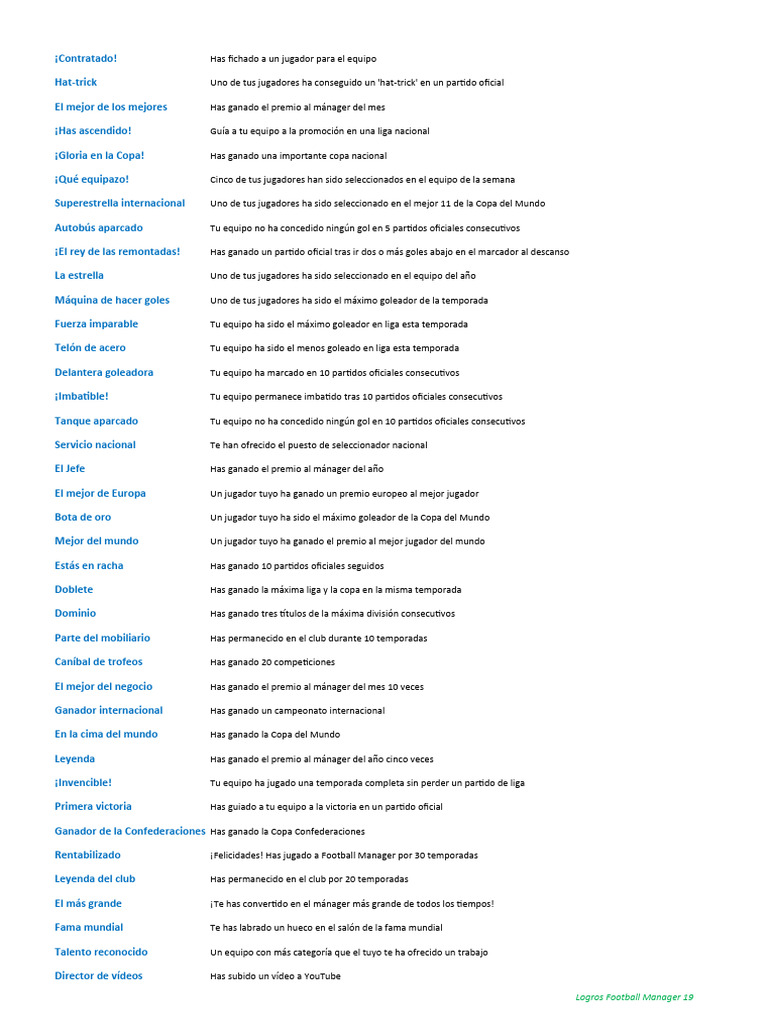 Logros FM19 | PDF | Asociación de Futbol | FIFA Copa del Mundo
