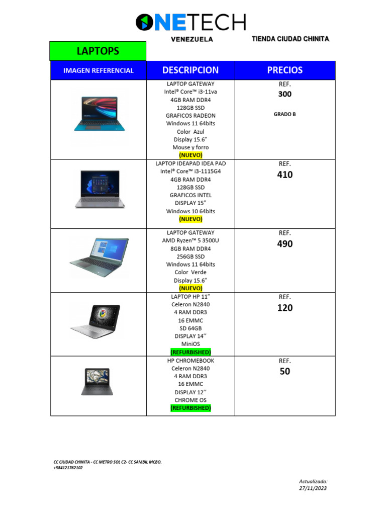 Lista de Precios Laptops 27-11-23 | PDF | Circuito integrado | Informática