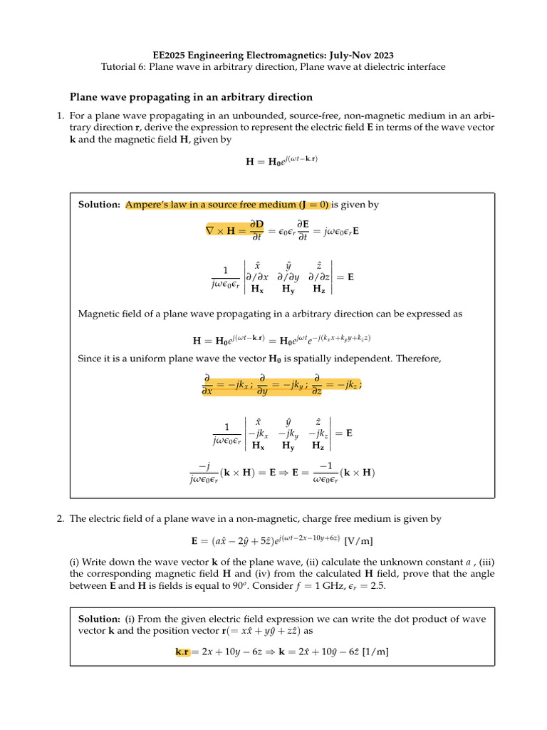EE2025 Tutorial 6 July Nov 2023 Solns | PDF | Waves | Wavelength