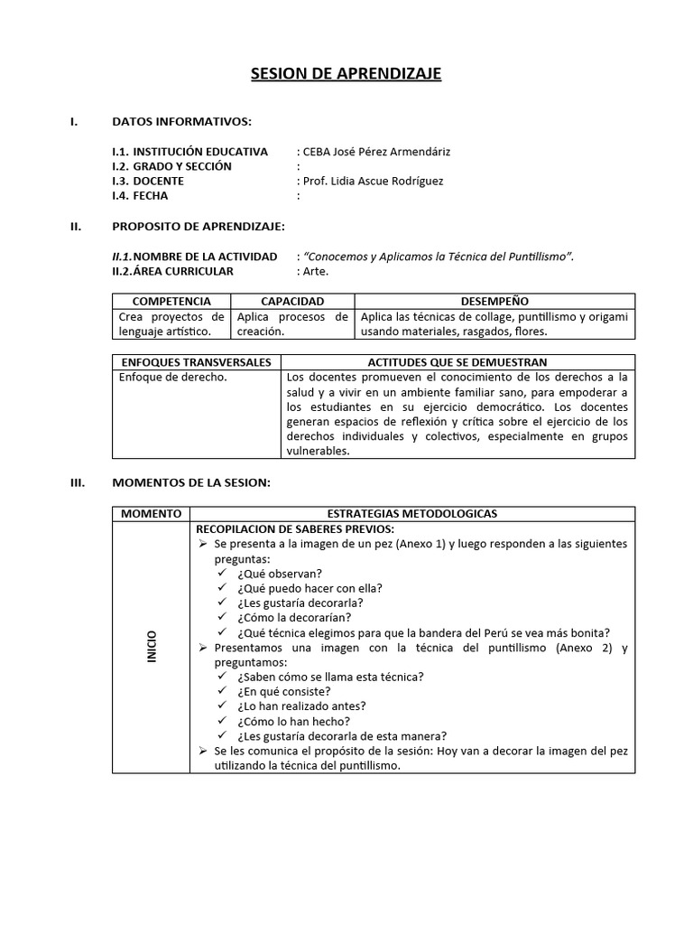 Sesion de Aprendizaje Tecnica Del Puntillismo | PDF | Aprendizaje ... Sesion de Aprendizaje Tecnica Del Puntillismo | PDF | Aprendizaje ...