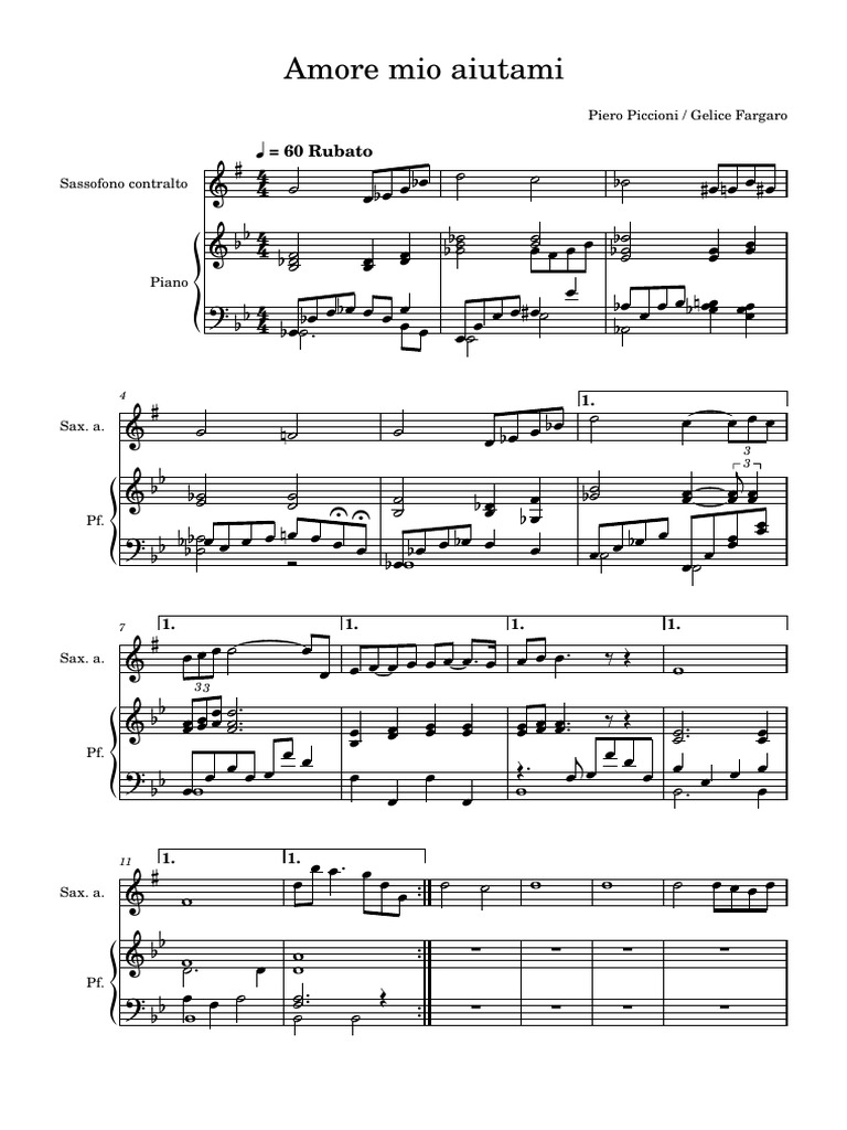 Piero Piccioni Amore Mio Aiutami Sax e Piano Magnani | PDF