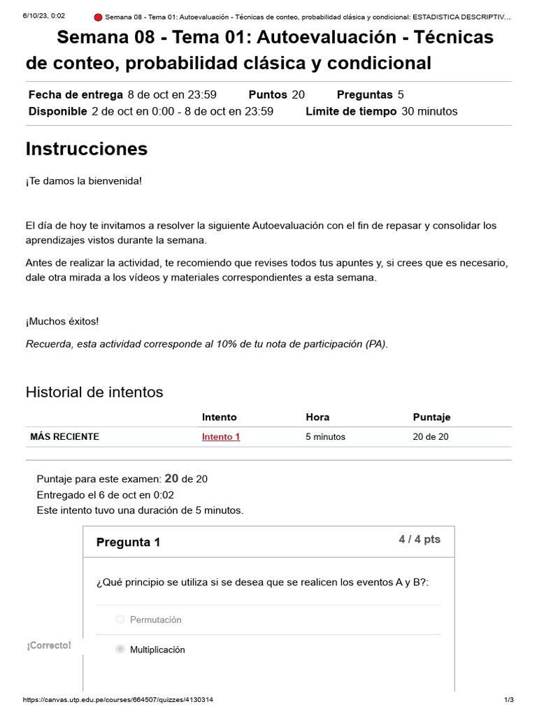 ? Semana 08 - Tema 01 - Autoevaluación - Técnicas de Conteo, Probabilidad Clásica y Condicional ...