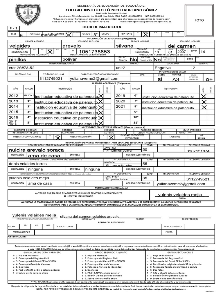 F 1 Hoja de Matricula | PDF