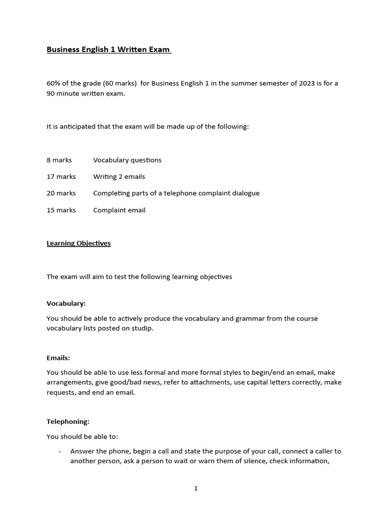Business English 1 Exam Overview 2023 | PDF | Vocabulary | English Language