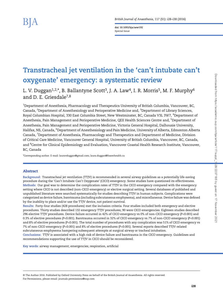 Transtracheal Jet Ventilation in The CICO Emergency - BJA (2016 ...