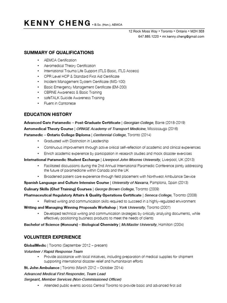 Kenny Cheng: Paramedic Resume | PDF | Paramedic | Health Care