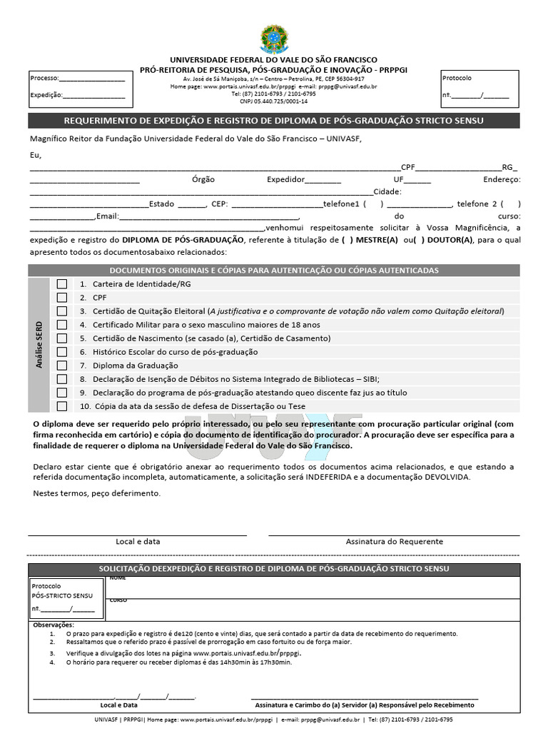 Formulário - Ficha de Requerimento Para Expedição de Diploma | PDF ...