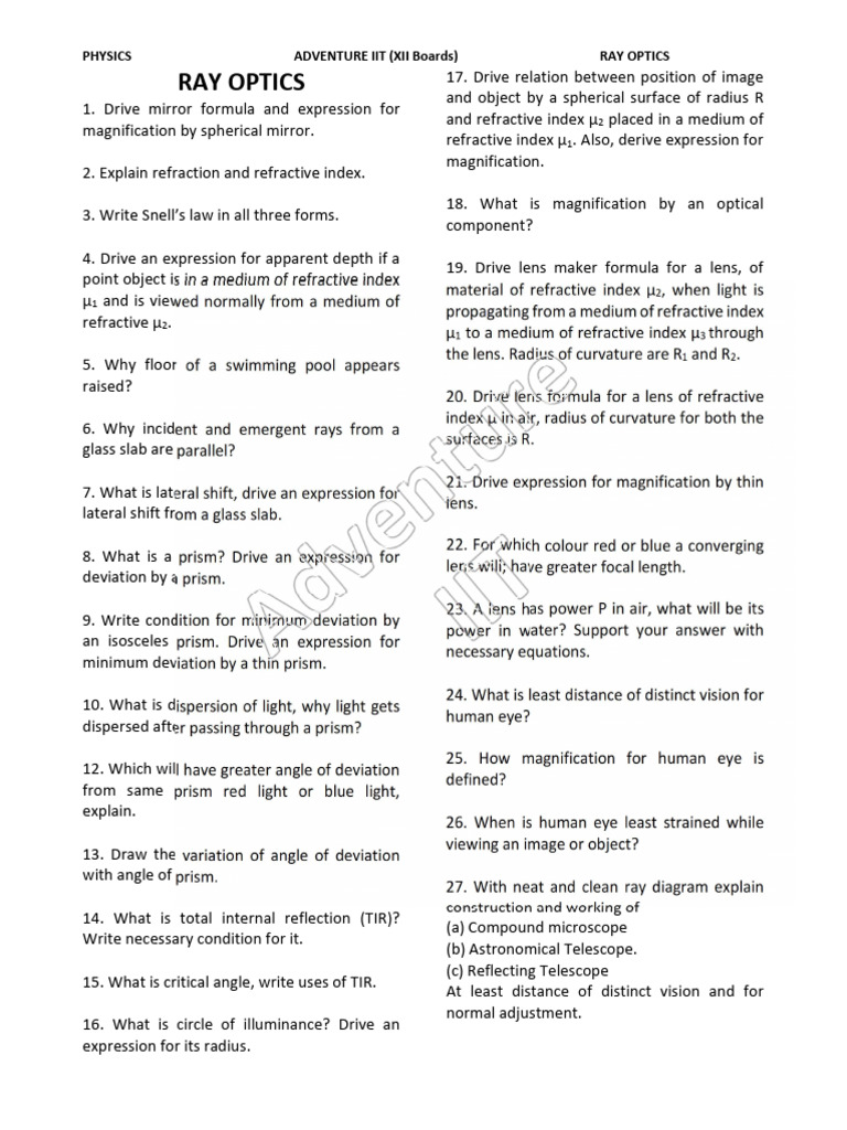 Boards Question Bank XII - Ray Optics | Download Free PDF | Optics ...