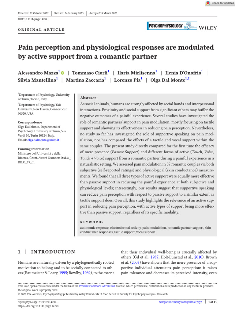 Psychophysiology - 2023 - Mazza - Pain Perception and Physiological ...