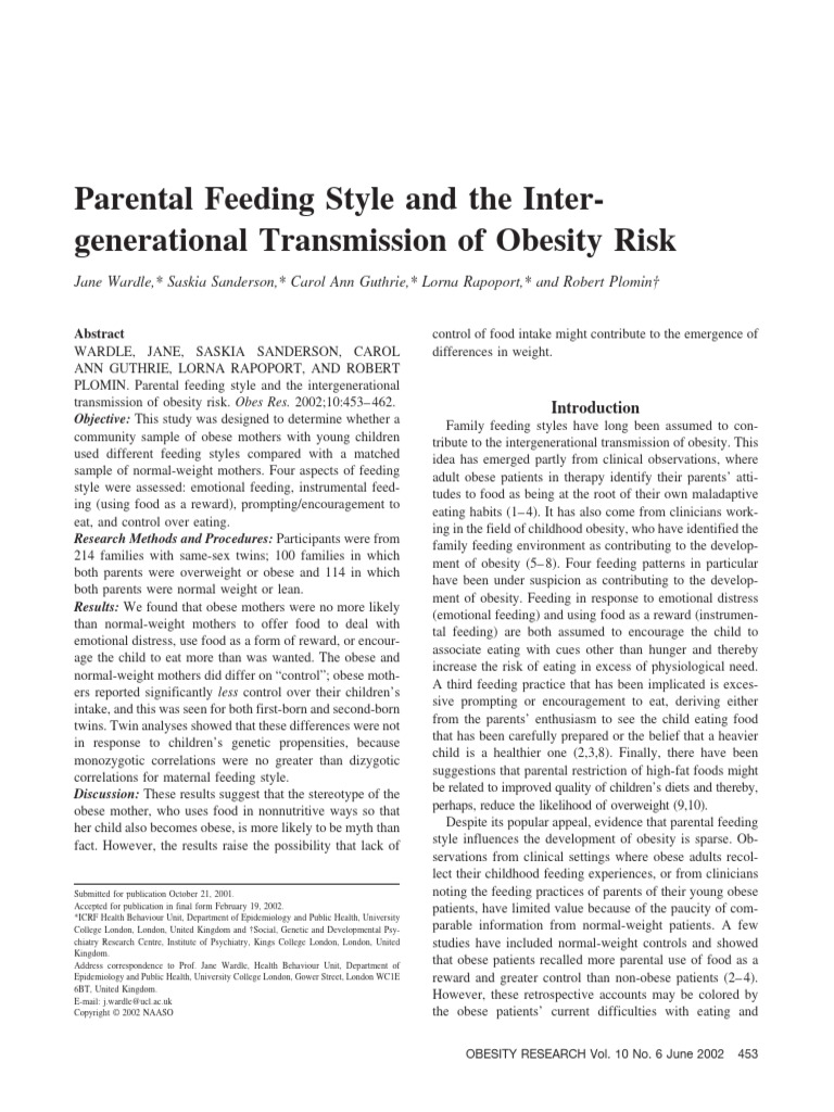 Obesity Research - 2012 - Wardle - Parental Feeding Style and The Inter ...