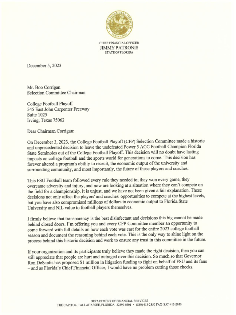 Patronis Letter To CFP | PDF