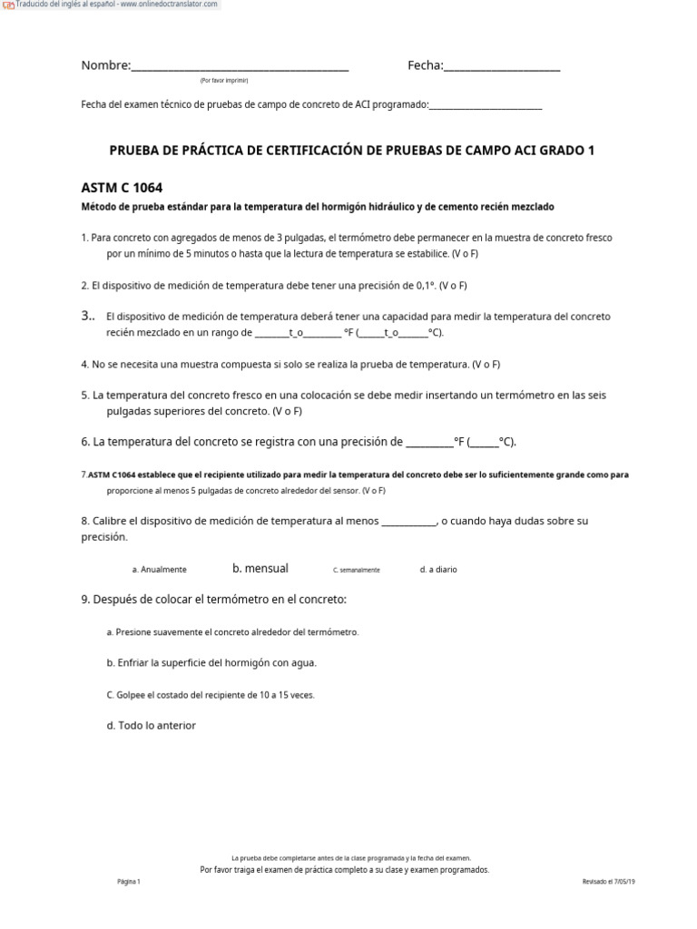 ACI-Practice-Test-5719 (2) - 1 (1) .En - Es | PDF | Hormigón | Termómetro