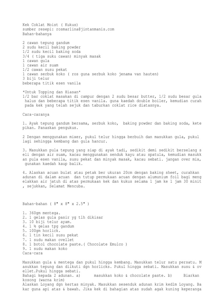 Resepi Kek Coklat Moist | PDF