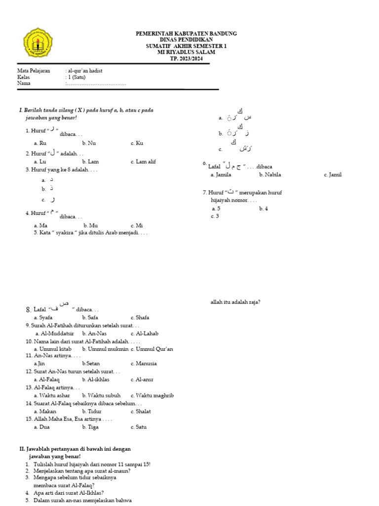 Soal Sumatif Kelas 1 Al-Qur'an Hadist | PDF