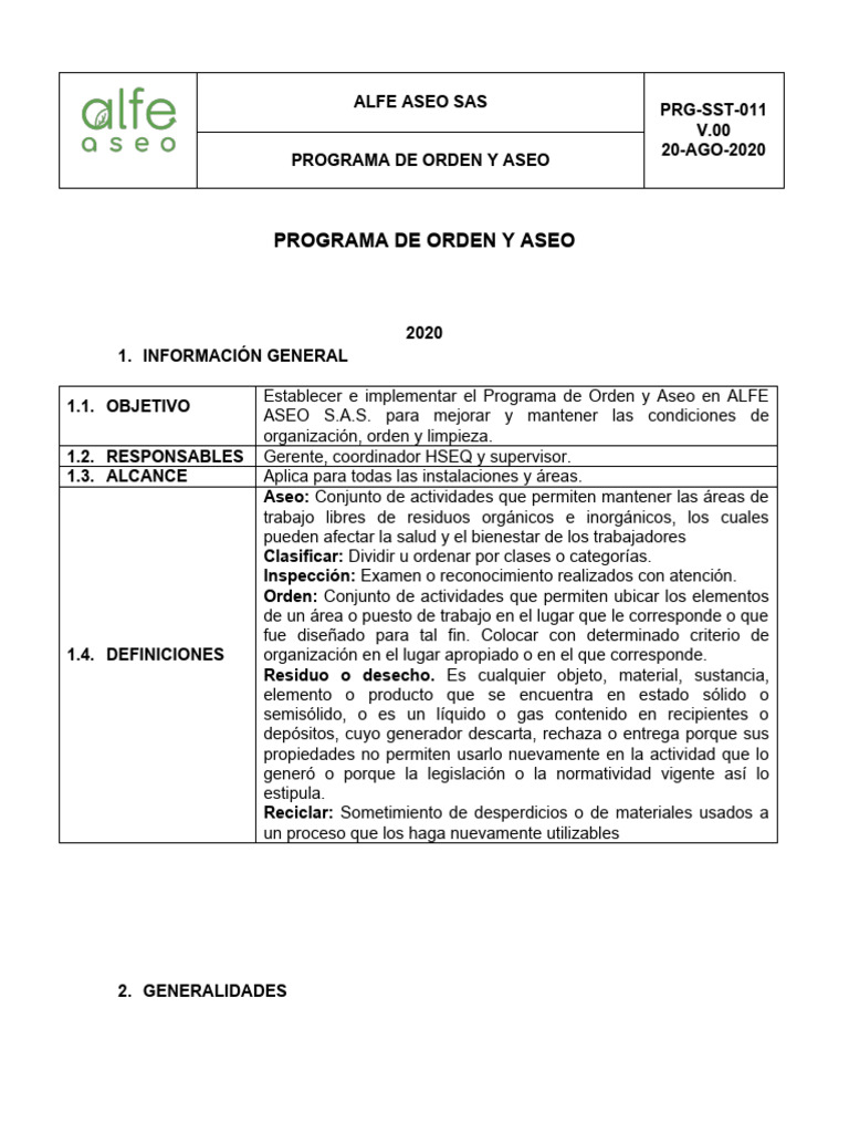 PRG-SST-011 Programa de Orden y Aseo-V00 | PDF | Residuos | Higiene PRG-SST-011 Programa de Orden y Aseo-V00 | PDF | Residuos | Higiene