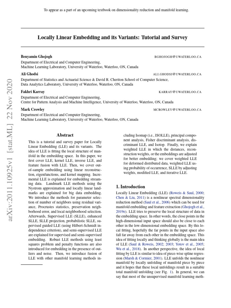 Locally Linear Embedding and Its Variants: Tutorial and Survey | PDF | Eigenvalues And ...