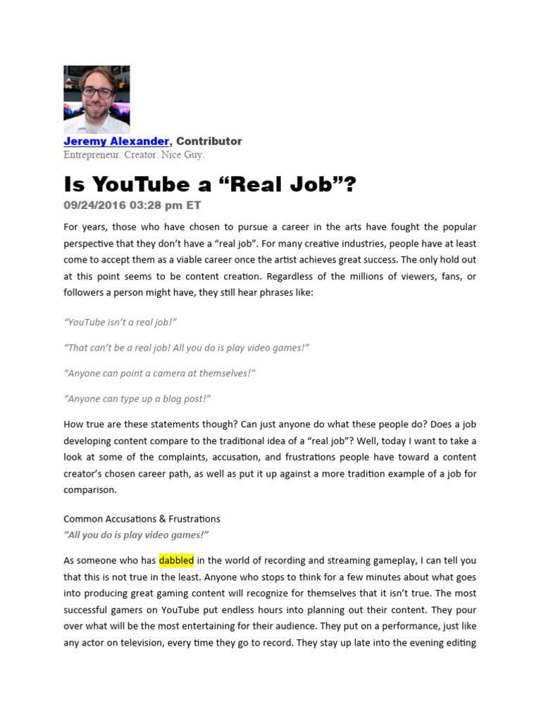 3.is Youtube A Real Job | PDF | You Tube | Video Games