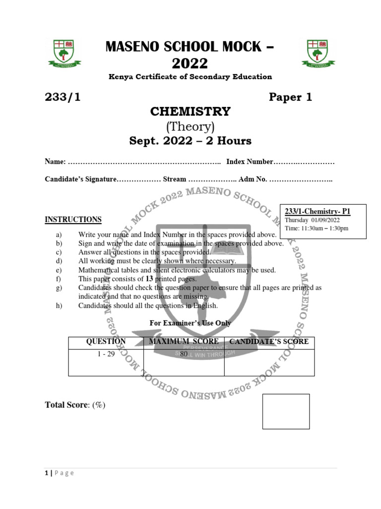 Chemistry Paper 1 Mock 2022 | PDF | Ammonium | Gases