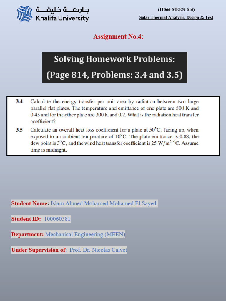 Assignment No 4 Solar Thermal Design and Analysis MSC 100060581 | PDF | Heat Transfer | Heat