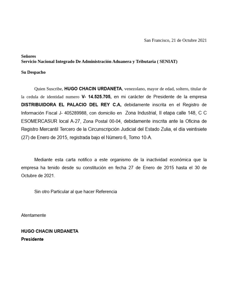 Carta Seniat Carta de Inactividad | PDF Carta Seniat Carta de Inactividad | PDF