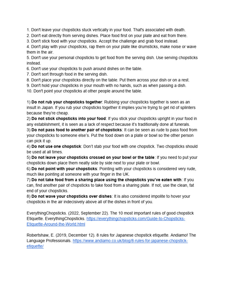 Essential Chopstick Etiquette Rules | PDF | Cuisine | Domestic Implements