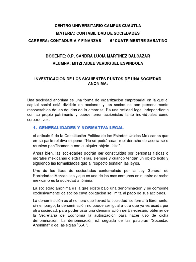 Tarea de Sociedad Anonima | PDF | Compartir (Finanzas) | Sociedad de responsabilidad limitada