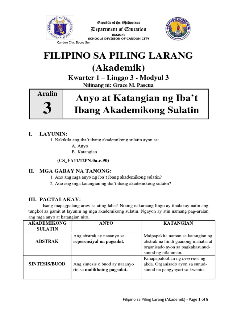 Q1W3 Filipino Sa Piling Larang Akademik | PDF