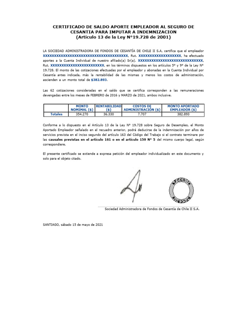 (PRUEBA) Certificado Descuento AFC | PDF