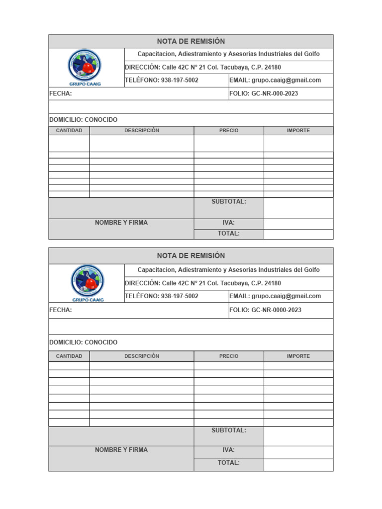 Formato de Nota de Remision en Excel | PDF