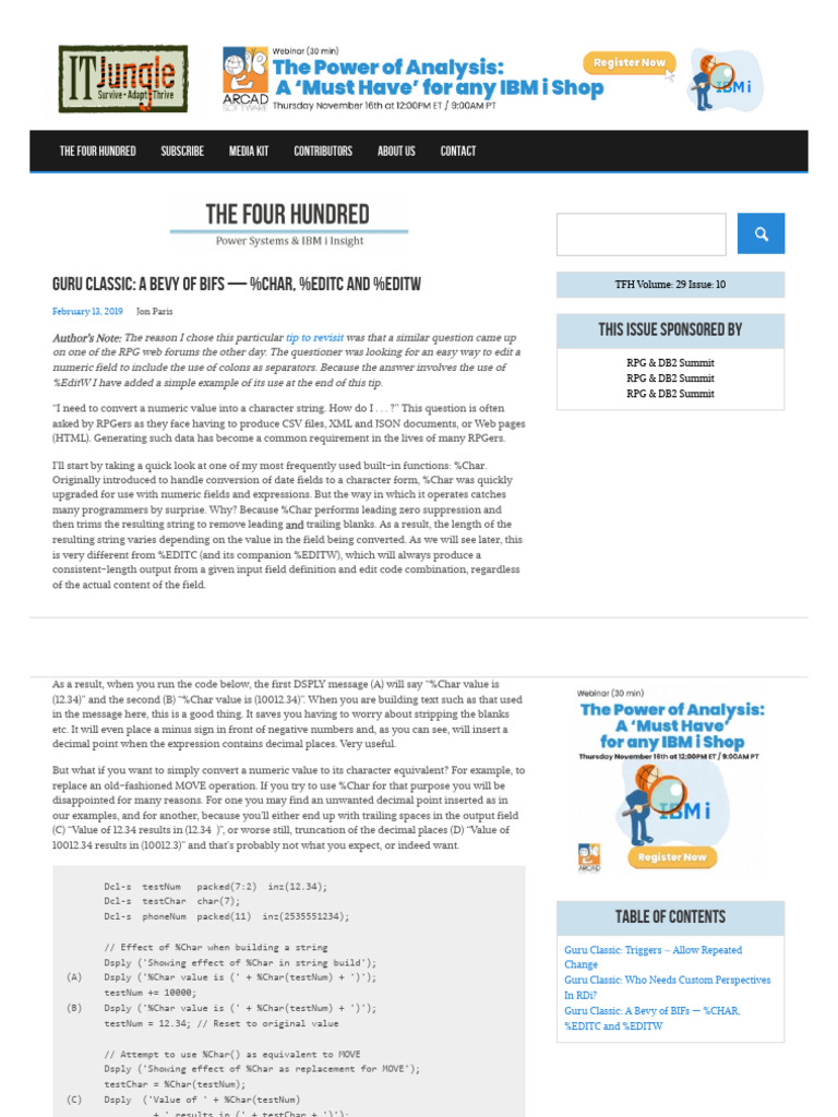 RPG %Char, %EditC, %EditW Guide | PDF | Ibm Db2 | String (Computer Science)