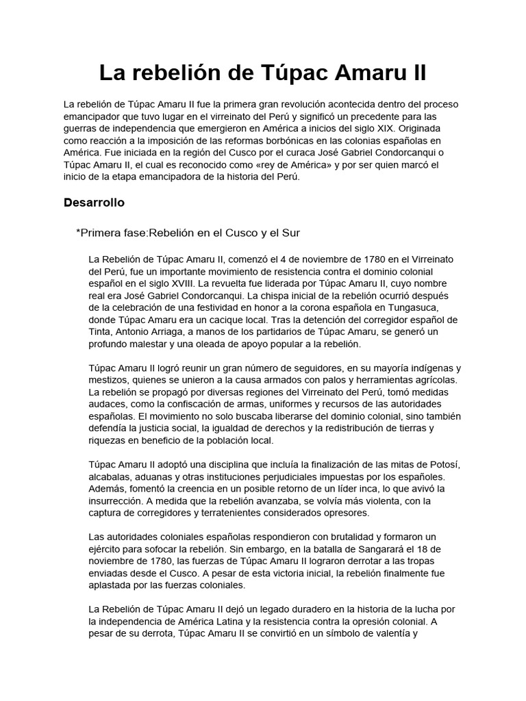 La Rebelión de Túpac Amaru II | Descargar gratis PDF | Antiguas colonias españolas