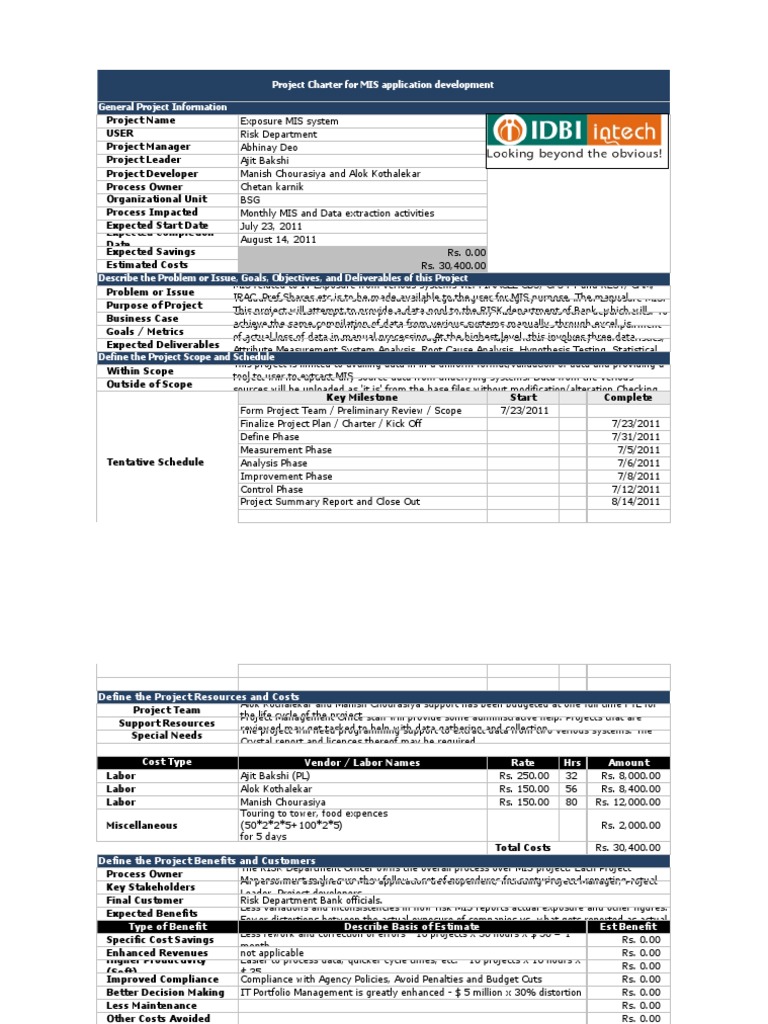 Project Charter For MIS Application Development General Project Information | PDF | Project ...