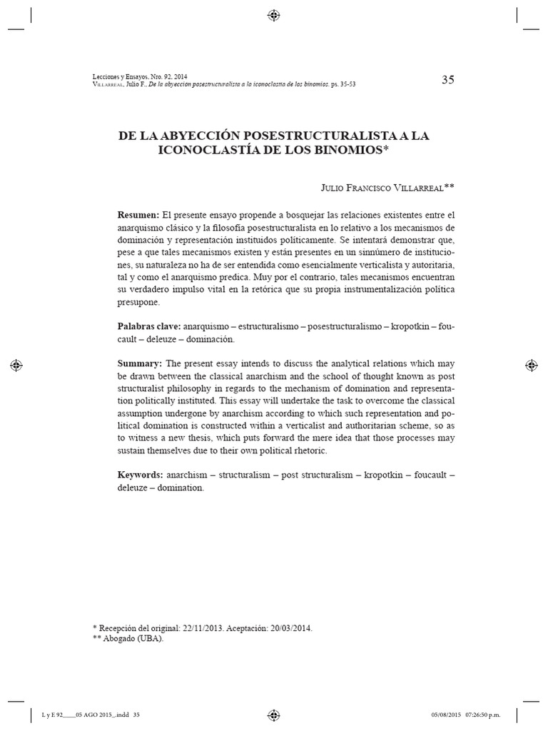 De La Abyeccion Posestructuralista A La Iconoclastia de Los Binomios ...