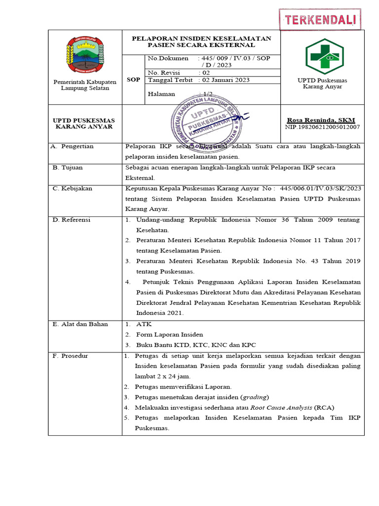 009 D Sop Pelaporan Insiden Keselamatan Pasien Secara External Pdf