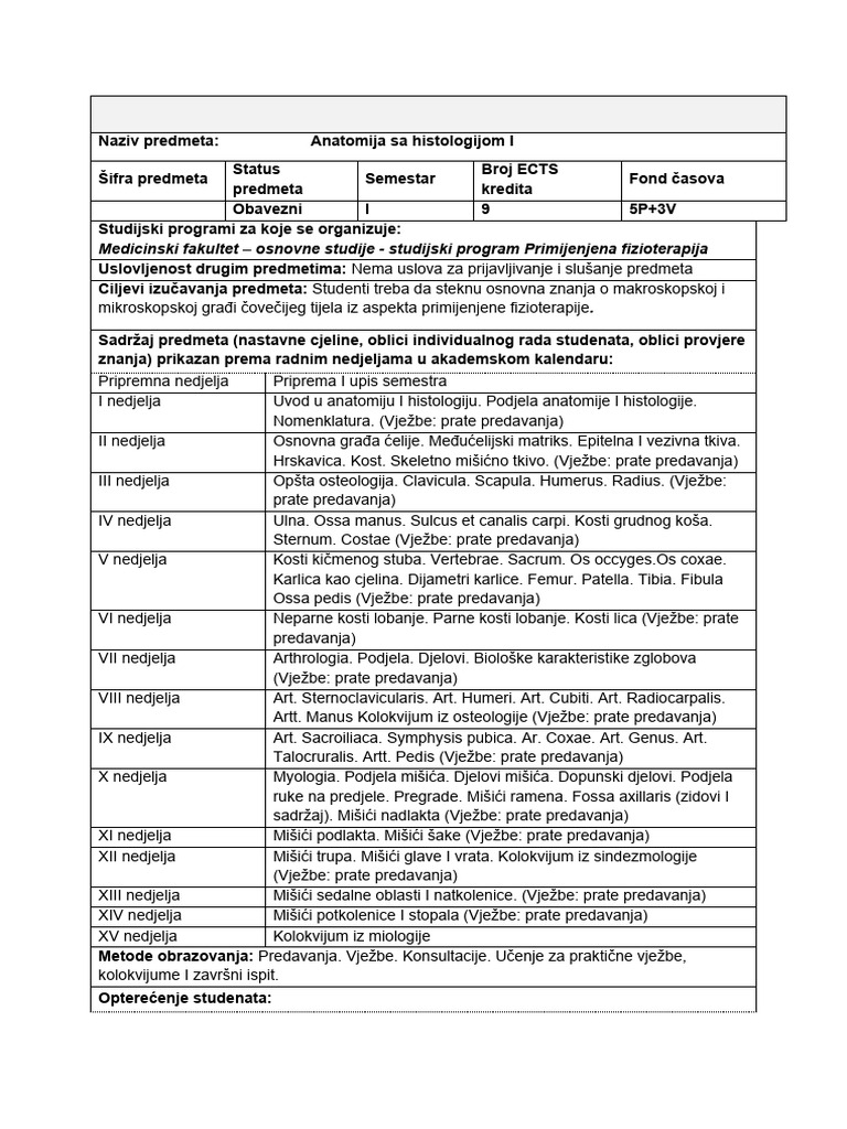 Primijenjena Fizioterapija ECTS Katalozi I Godina | PDF