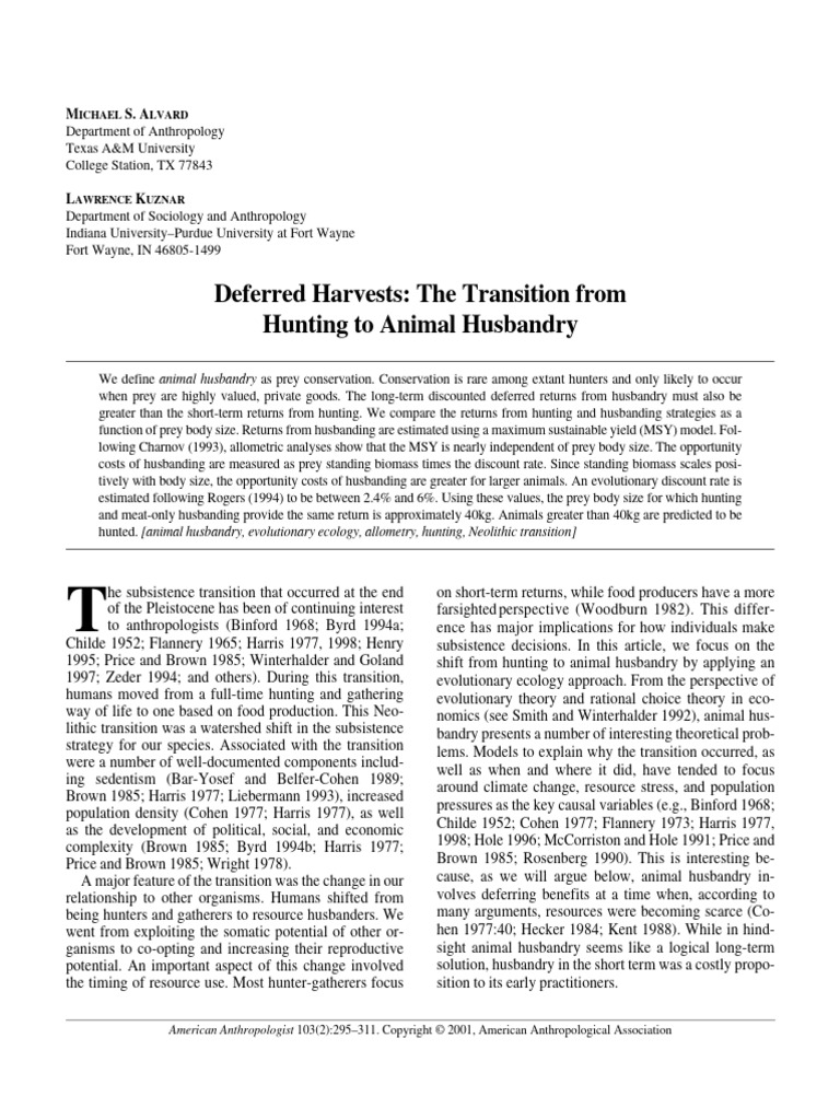 ALVARD. The Transition From Hunting To Animal Husbandry | PDF ...