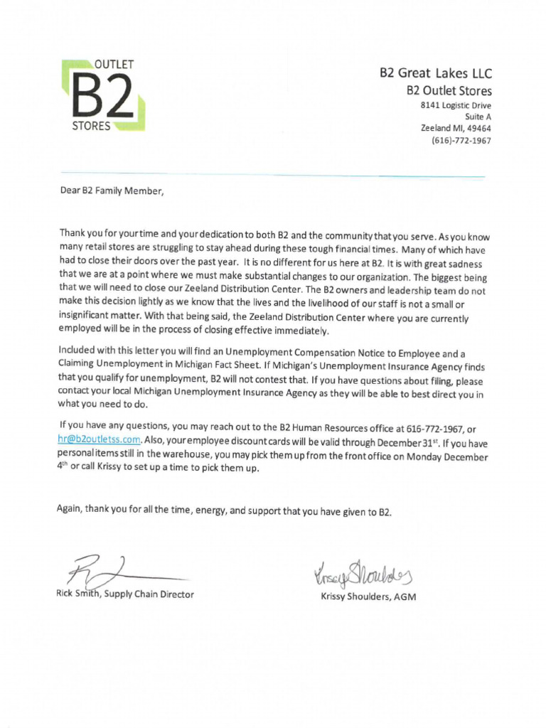 B2 Outlets Letter To Employees | PDF