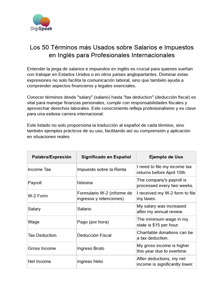 Vocabulario De Salarios E Impuestos En Inglés Pdf Servicios