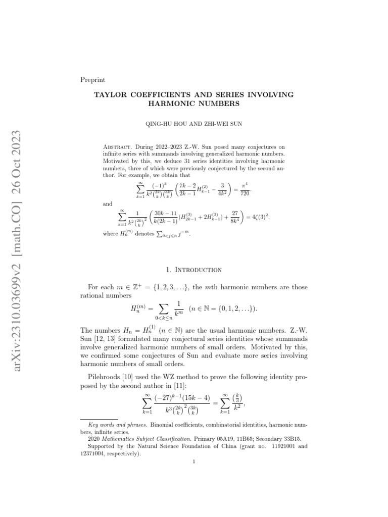 Taylor Coefficients and Series Involving Harmonic Numbers | PDF | Abstract Algebra ...