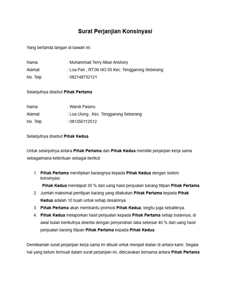 Contoh Surat Perjanjian Konsinyasi | PDF