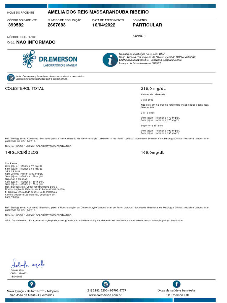 Amelia Dos Reis Massaranduba Ribeiro: Colesterol Total 216,0 MG/DL ...
