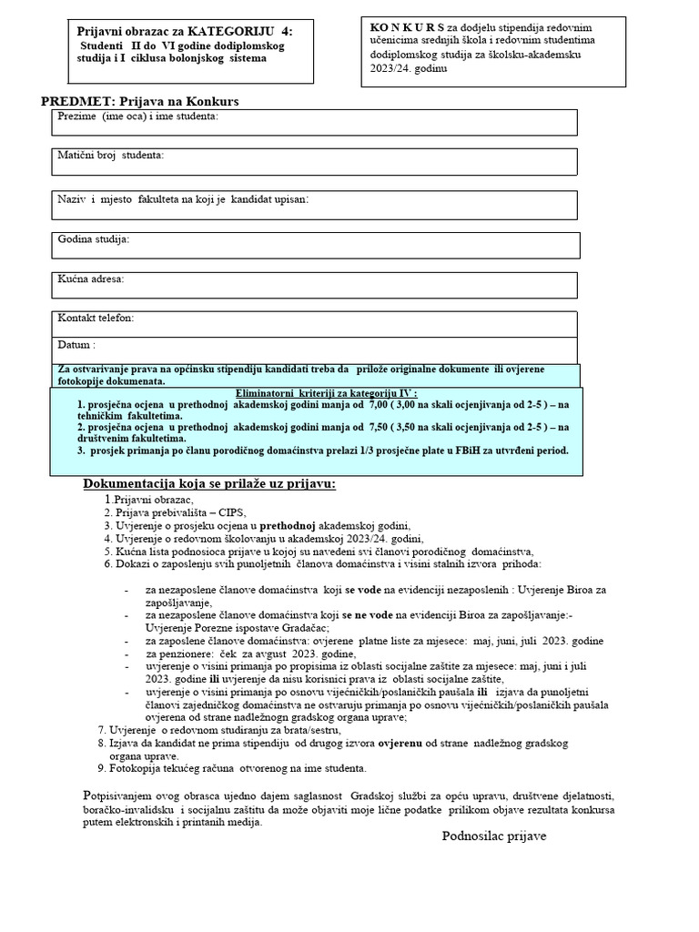 Prijavni Obrazac - Kategorija 4-Studenti Od II Do Vi Godine | PDF