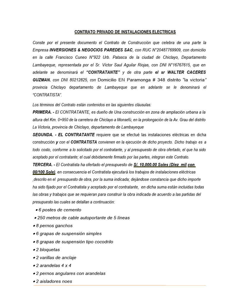 Contrato de Instalaciones Electricas | PDF | Tecnología