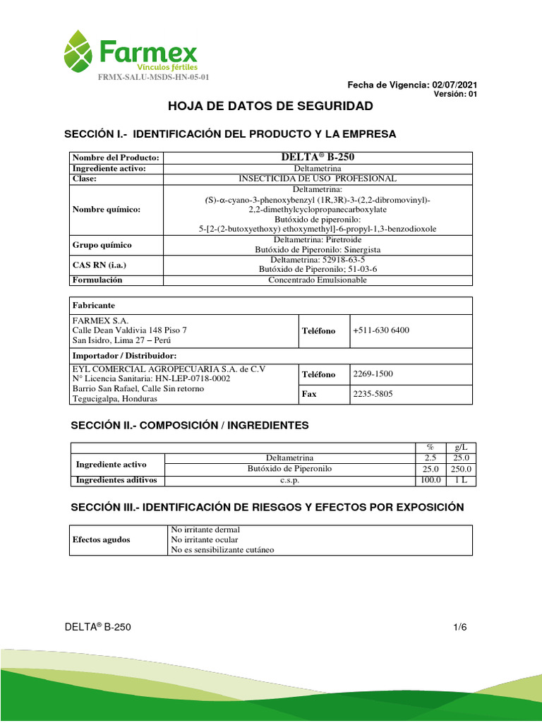 SDS Farmex Delta EXPLAG | PDF | Agua | Contaminación